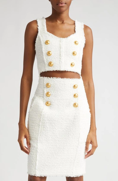 Balmain Gold-buttoned Tweed Crop Top In White | ModeSens