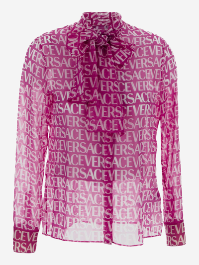 Versace All Over Logo Printed Silk Chiffon Shirt In Pink | ModeSens