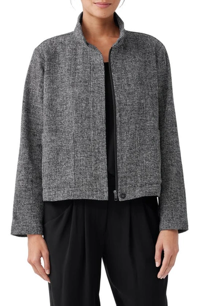 Eileen Fisher Petite Heathered Zip-front Tweed Jacket In Black | ModeSens