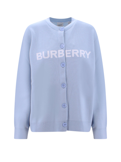 Burberry Logo Wool Cotton Jacquard Oversized Cardigan In Light Blue ...
