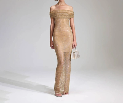 Self-portrait Rhinestone Off Shoulder Fishnet Maxi Dress In Nude In ...