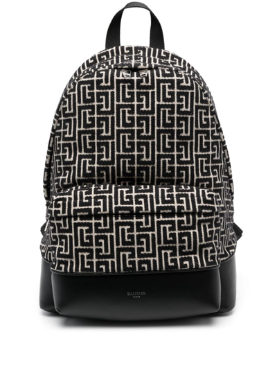 Balmain Backpack In Black And Ivory Jacquard With Maxi Monogram | ModeSens