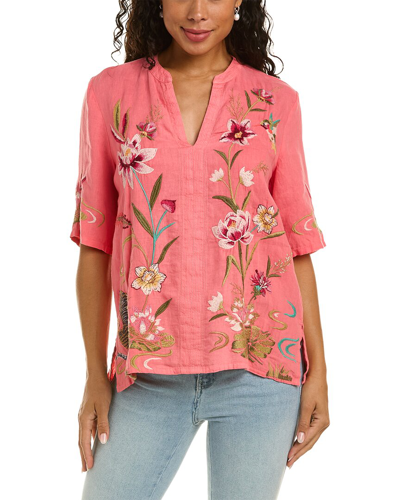 Johnny Was Maisie Embroidered Split Neck Linen Top In Pink | ModeSens