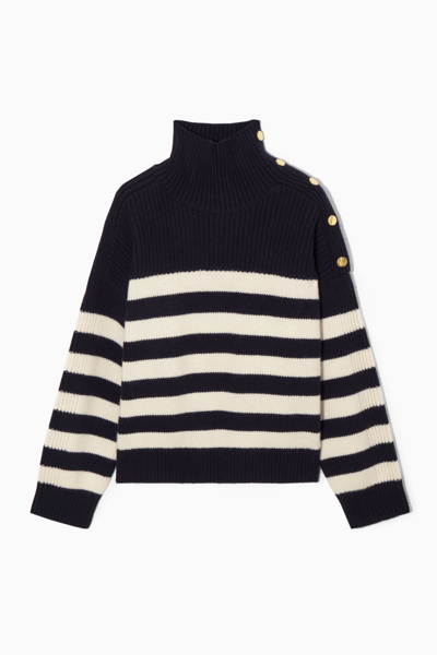 Cos Button-embellished Striped Wool Jumper In Blue | ModeSens