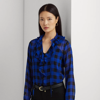 Ralph Lauren Buffalo Check Ruffled Georgette Blouse In Blue,black ...