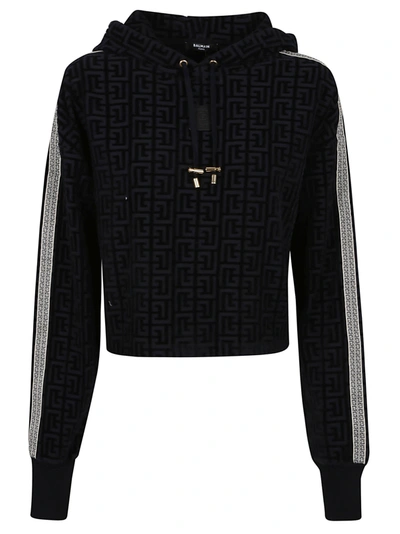 Balmain Velvet Monogram Short Hoodie In Skc Bleu Marine Fonce Bleu ...