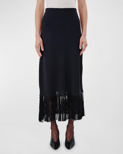 Another Tomorrow Fringe Hem Knit Maxi Skirt In Black | ModeSens