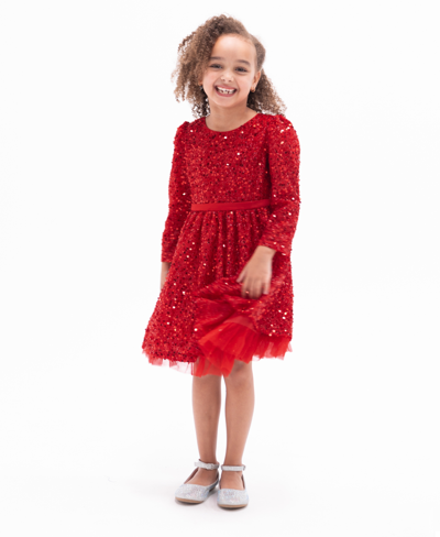 Rare Editions Kids' Little Girls Long Sleeve Sequin Social Dress In Red ...