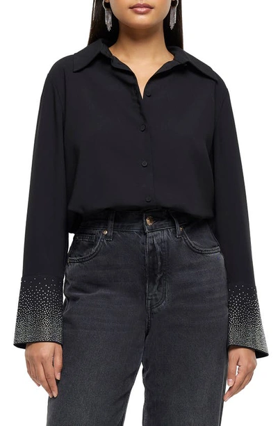 River Island Hotfix Crystal Cuff Cotton Sateen Button-up Shirt In Black ...