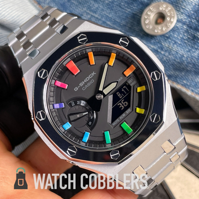 Pre-owned Casio Custom Silver Rainbow Dial Ak Stainless Steel Band G ...