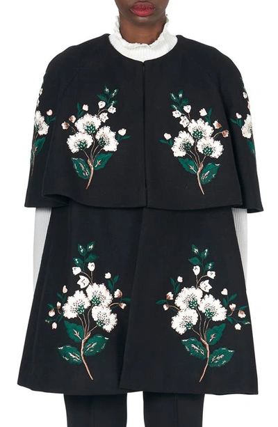Carolina Herrera Floral Embroidered Tiered Mini Cape In Black | ModeSens