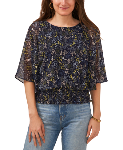Sam & Jess Petite Floral-print Smocked-waist Flutter-sleeve Top In ...