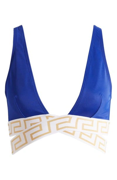 Versace Greca Border Triangle Bikini Top In Royal Blue White Modesens