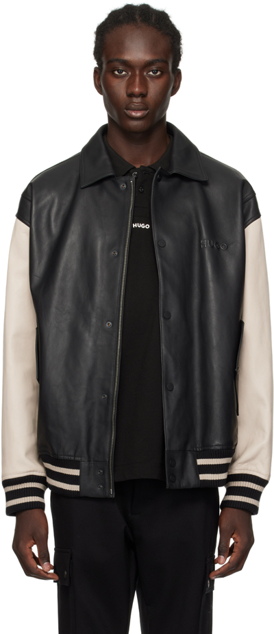 Hugo Leather Varsity Jacket With Oversize Embossed Logo In Black | ModeSens