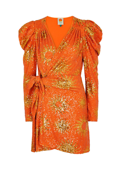 Farm Rio Sunny Mood Sequin Long-sleeve Mini Dress In Orange | ModeSens