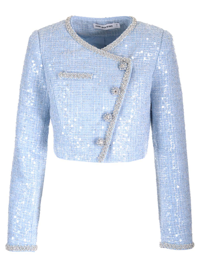 Self-portrait Cropped Embellished Sequined Bouclé Jacket In Blue | ModeSens