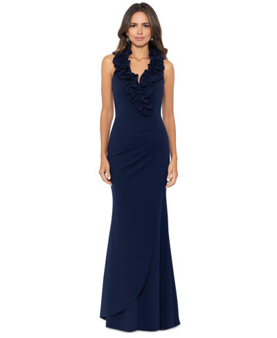 Xscape Women's Ruffled-v-neck Sleeveless Ruched Gown In Navy | ModeSens
