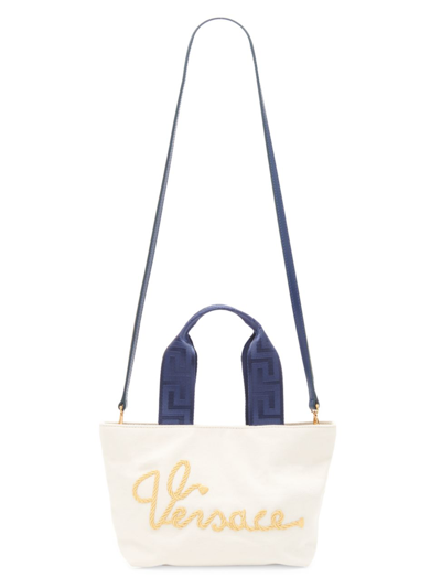 Versace Girl's Rope Logo Embroidered Canvas Tote In Natural Navy | ModeSens