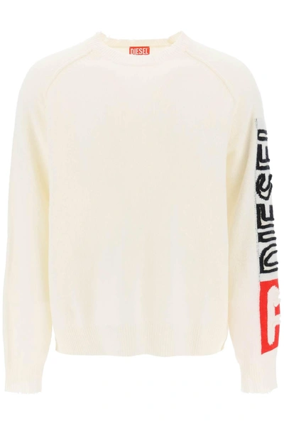 Diesel Wool Sweater With Cut-up Logo In White | ModeSens