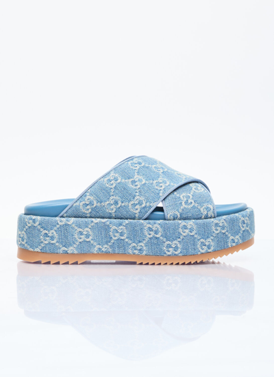 Gucci Angelina Gg Denim Platform Slides In Blue | ModeSens