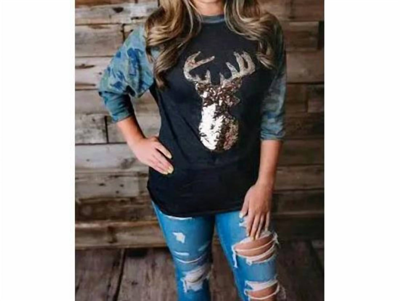Sew Fancy Designs Raglan With Gold Sequin Deer Head Tee In Camo In ...
