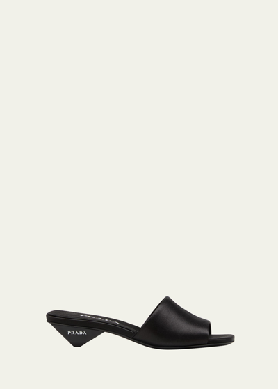 Prada Satin Triangle-heel Slide Sandals In Black | ModeSens