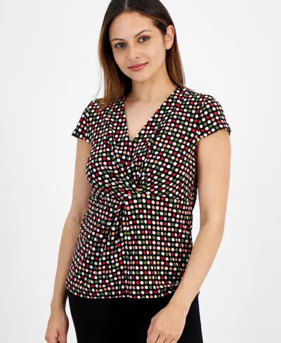 Ak Anne Klein Petite Printed Twist-front Cap Sleeve Top In Anne Black ...