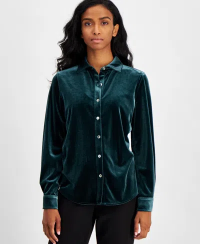 Ak Anne Klein Petite Stretch Velour Utility Shirt In Treeline | ModeSens