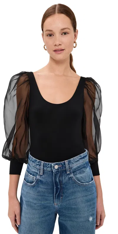 Alice And Olivia Jillianne Scoop Neck Puff Sleeve Thong Bodysuit Black ...