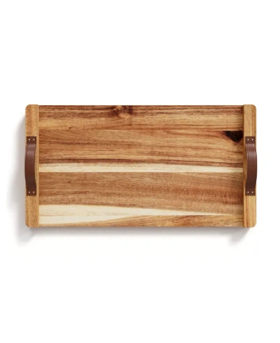 American Atelier Rectangular Acacia Wood Tray With Leather Handles In ...