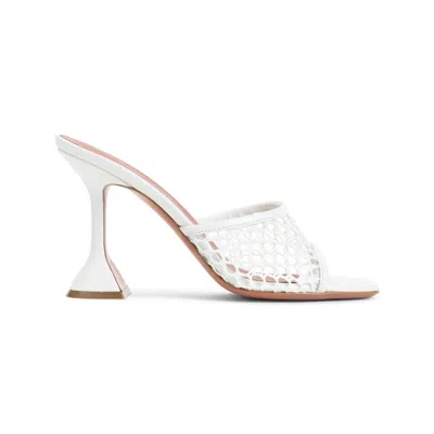 Amina Muaddi White Leather Lupita 95 Net Raffia Mules | ModeSens