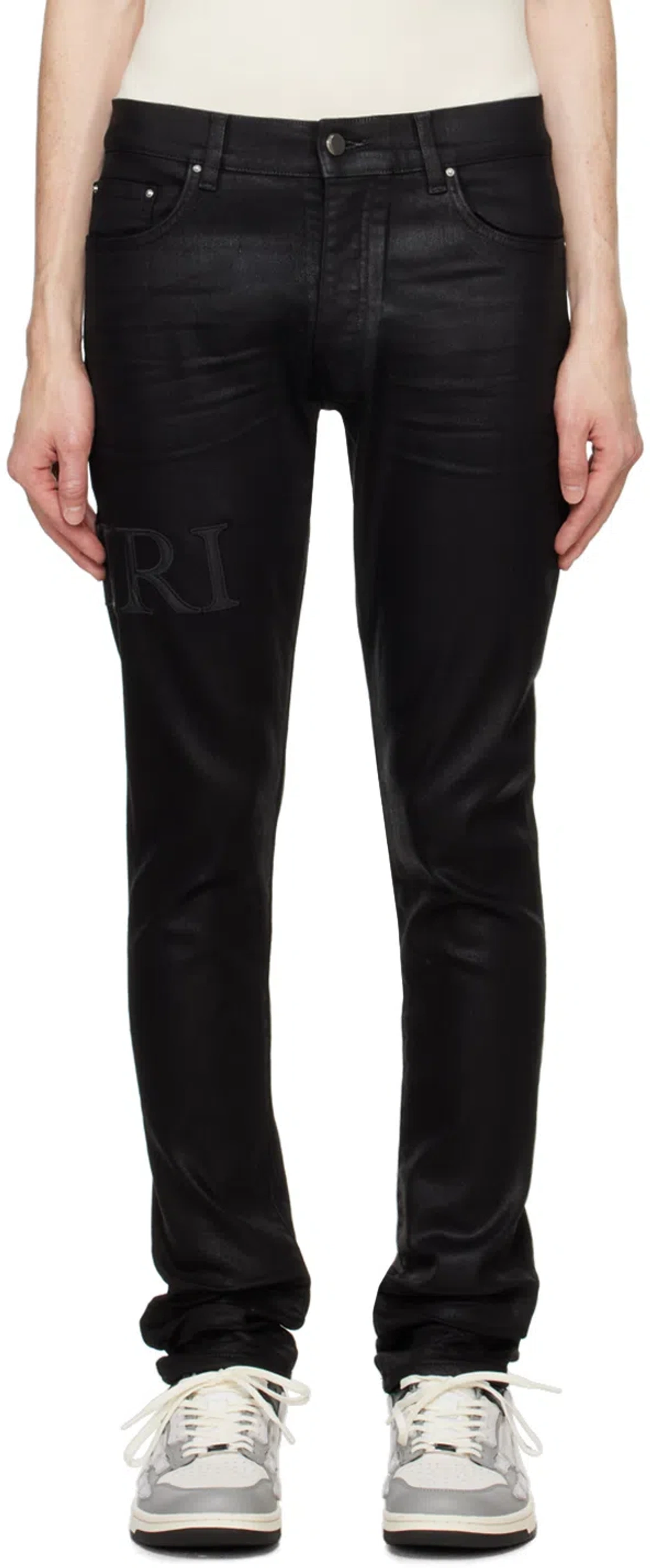 Amiri Black Serif Logo Wax Skinny Jeans | ModeSens