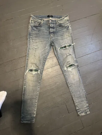 Pre-owned Amiri Mx1 Green Flannel Patch In Light Wash | ModeSens