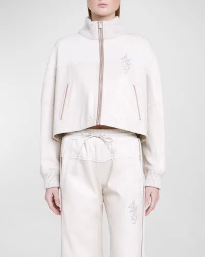 Amiri Stacked Logo Mixed-media Crop Track Jacket In Alabaster | ModeSens