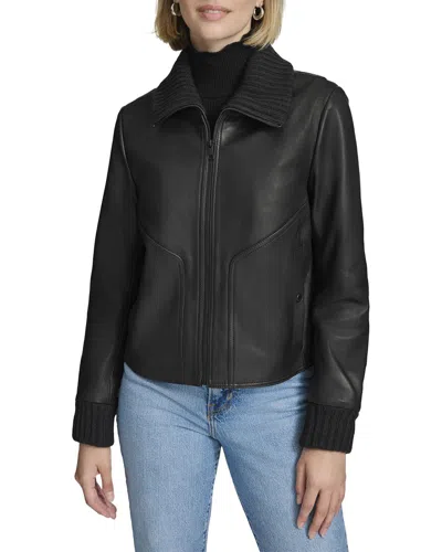 Andrew Marc Black Label Beatrix Rib-knit Trimmed Leather Jacket | ModeSens