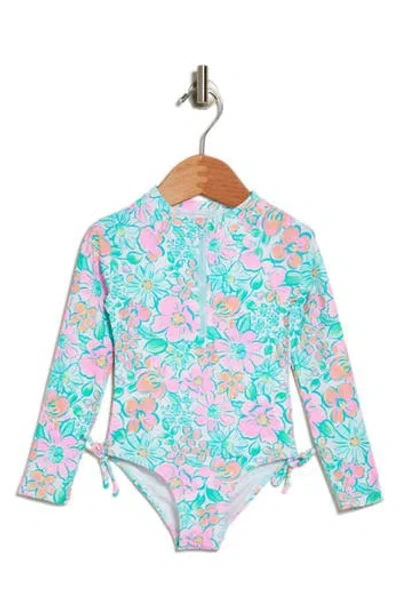 Angel Beach Kids' Zip Front One-piece Rashguard In Teal/pink | ModeSens