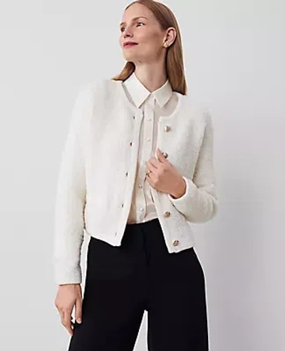 Ann Taylor Boucle Textured Trim Sweater Jacket In Winter White | ModeSens