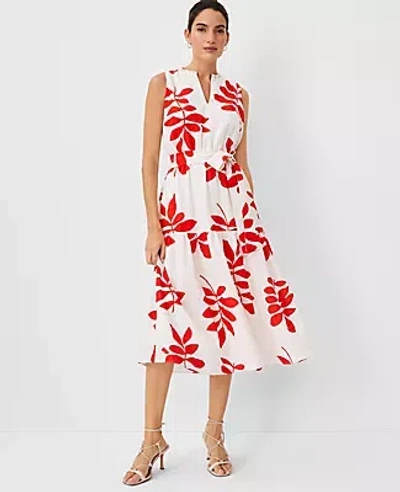 Ann Taylor Leaf Split Neck Flare Midi Dress In Fiery Red | ModeSens