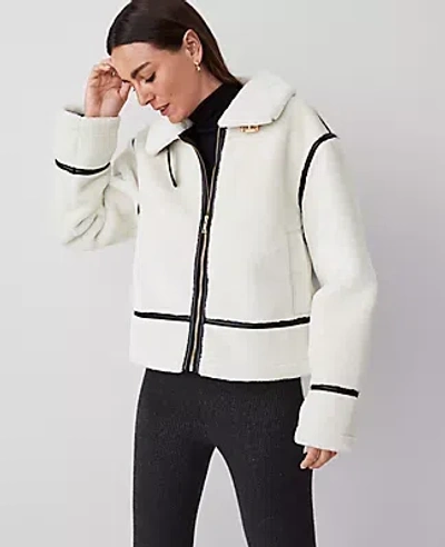 Ann Taylor Shearling Collar Moto Jacket In Winter White | ModeSens
