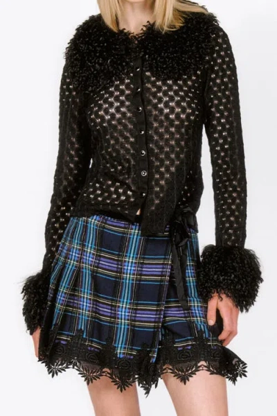 Anna Sui Crochet Knit Faux Curly Lamb Trimmed Top In Black | ModeSens