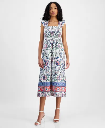 Anne Klein Women's Floral-print Smocked Midi Dress In Prl Wht,hb | ModeSens