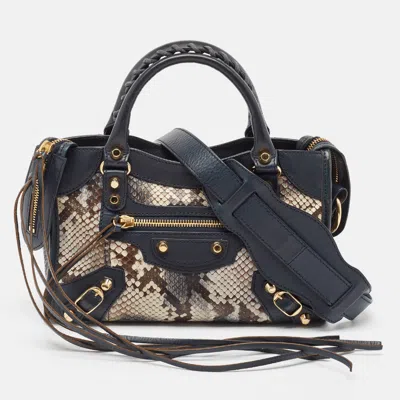 Pre-owned Balenciaga Navy Blue Python And Leather Mini Metallic Edge ...
