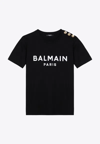 Balmain Button Embellished Logo T-shirt In Black | ModeSens
