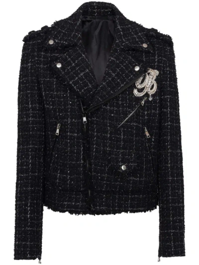 Balmain Checked Tweed Biker Jacket In Black | ModeSens