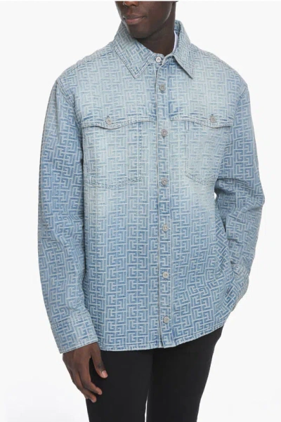 Balmain Denim Biker Jacket With Embossed Logo Pattern In Blue | ModeSens
