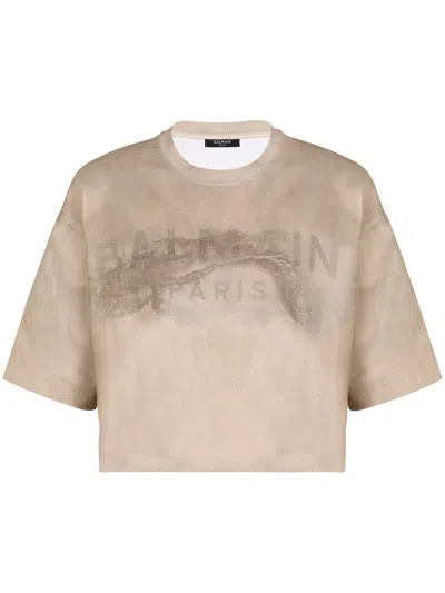 Balmain Distressed Logo-print T-shirt In Beige | ModeSens