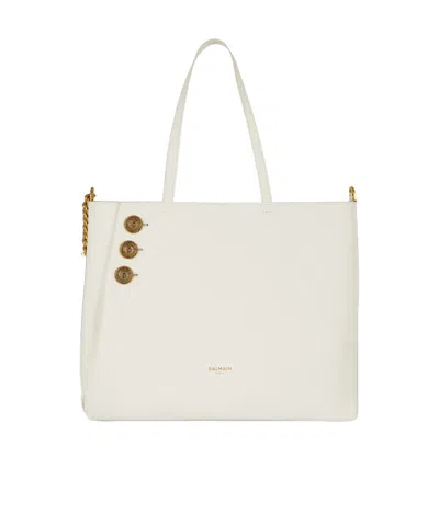 Balmain Emblème Leather Tote Bag In White | ModeSens