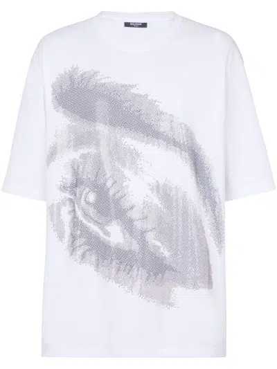 Balmain Men's Crystal-embellished Eye T-shirt In White/blk | ModeSens