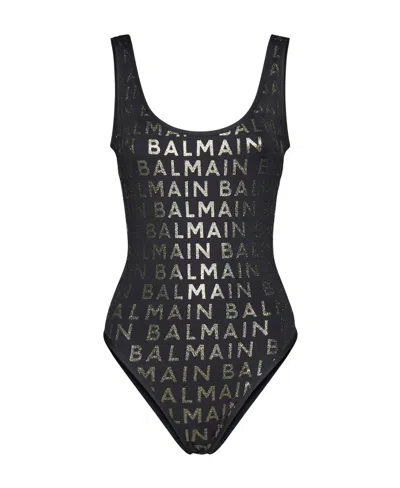Balmain Full-body Logo Pattern One-piece Swimsuit In Black | ModeSens