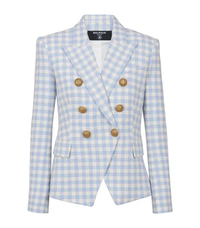 Balmain Gingham-pattern Double-breasted Blazer In Blue | ModeSens